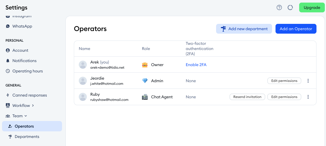 The Settings section – Tidio