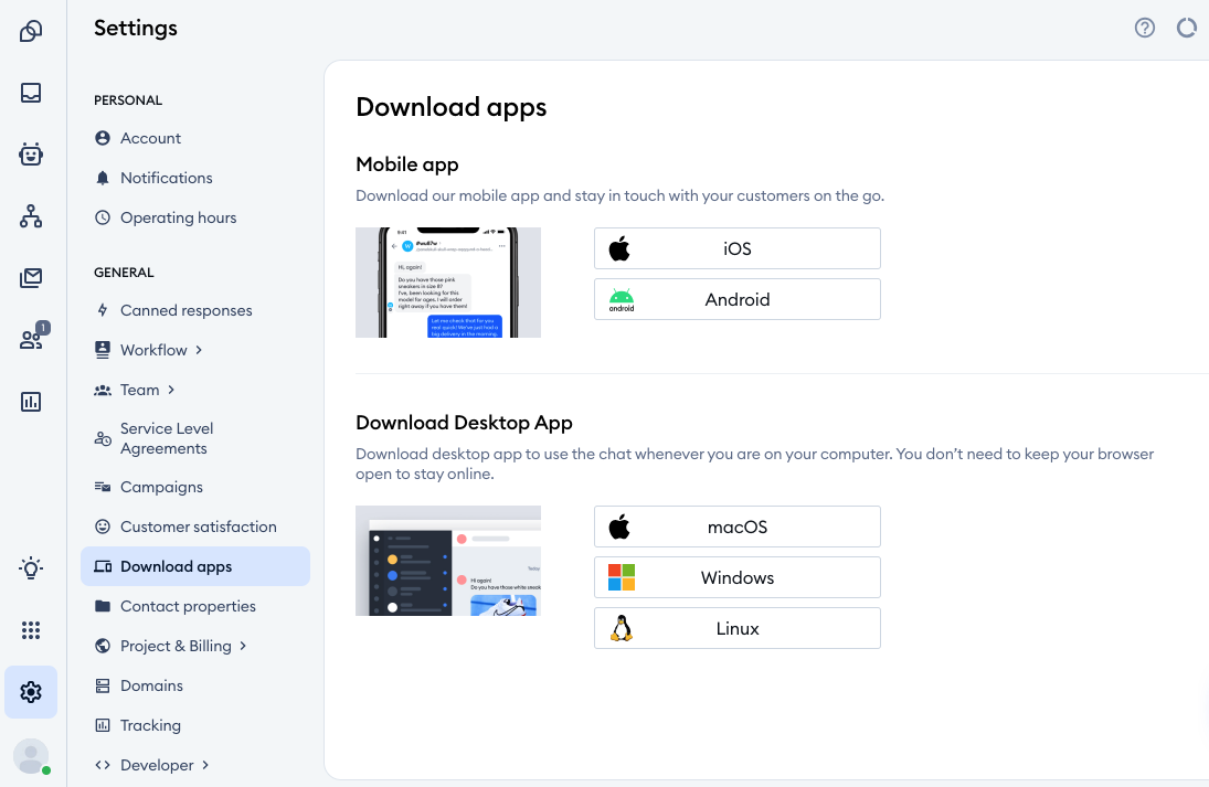The Settings section – Tidio