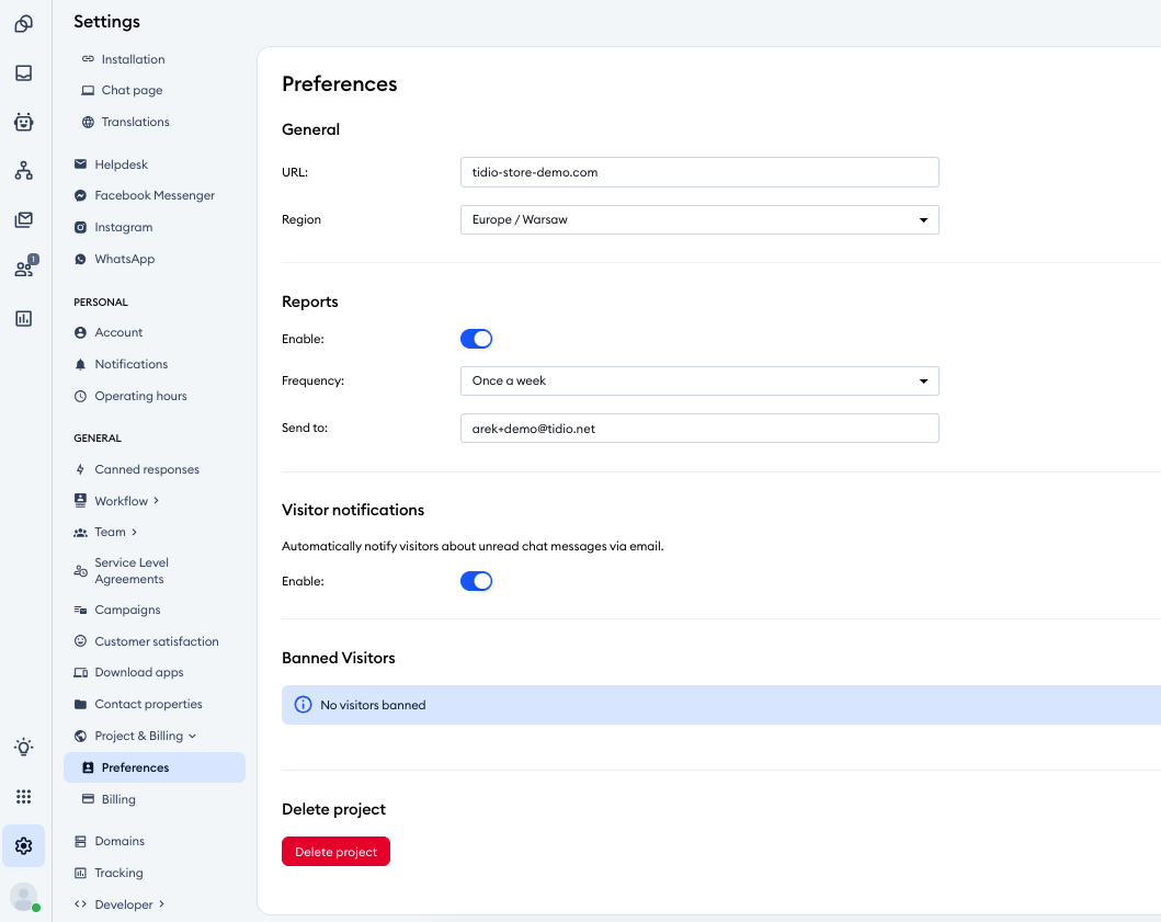 The Settings section – Tidio