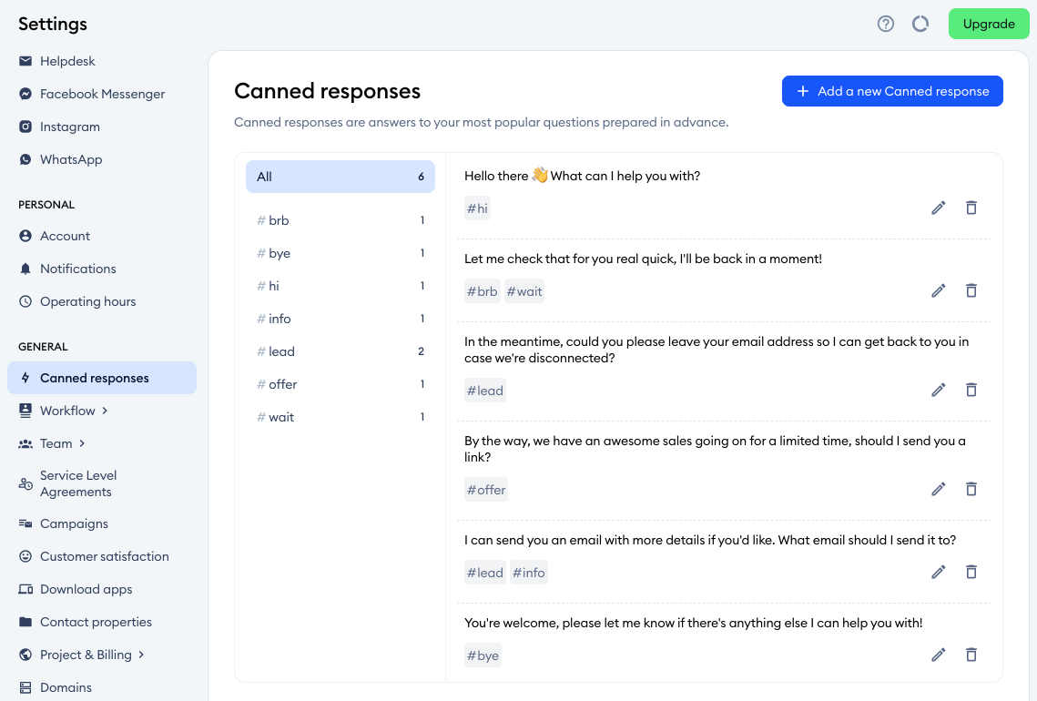 The Settings section – Tidio