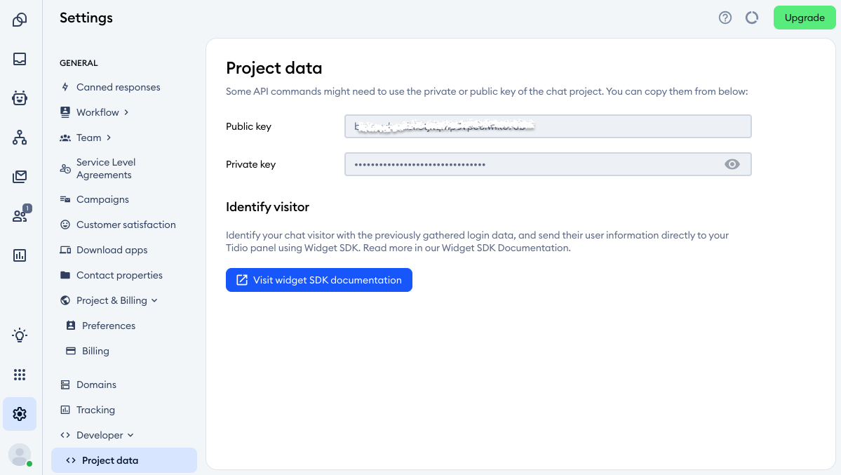 The Settings section – Tidio