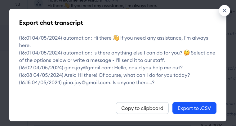Chat transcripts – Tidio