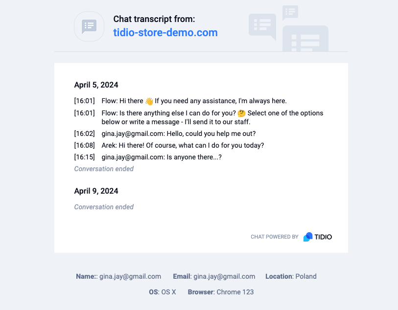 Chat transcripts – Tidio