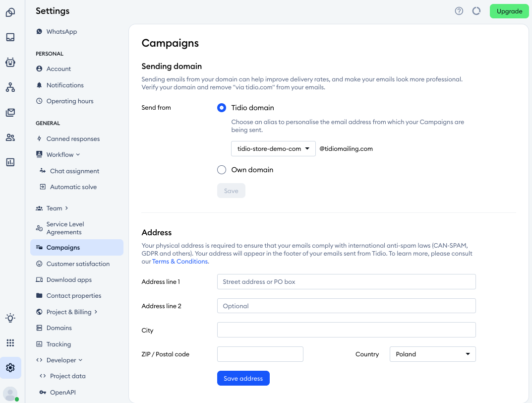 The Settings section – Tidio