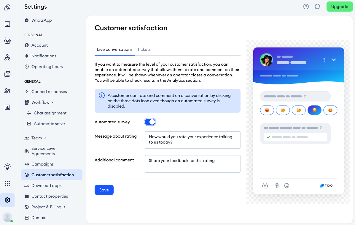 The Settings section – Tidio