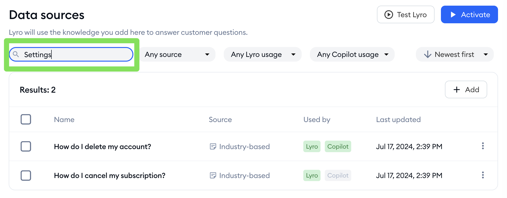 Data sources - Lyro's knowledge base – Tidio