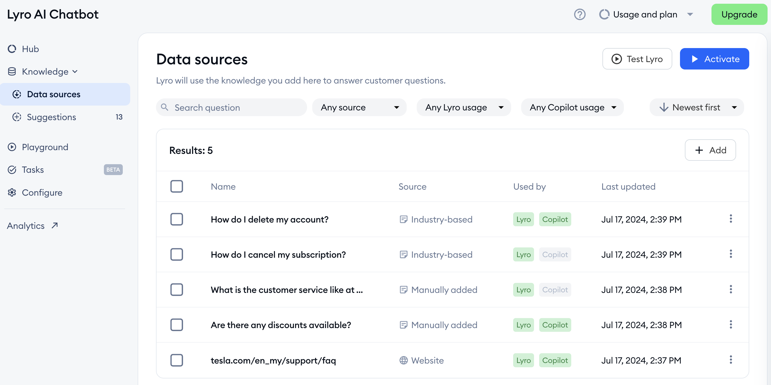 Data sources - Lyro's knowledge base – Tidio