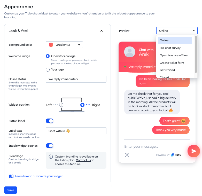 Customize Your Chat Widget – Tidio