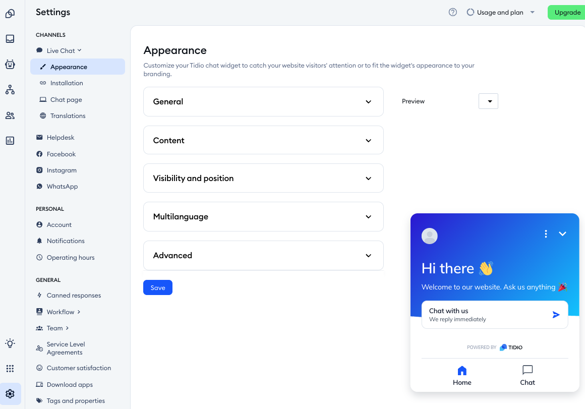 Customize your chat widget – Tidio