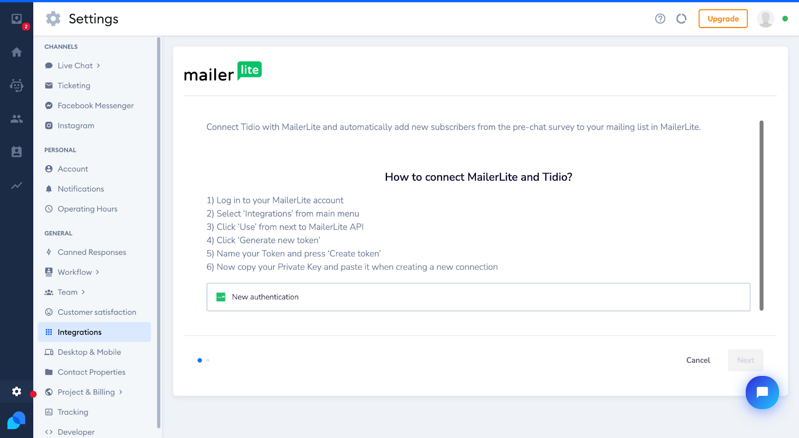 Integration with MailerLite – Tidio